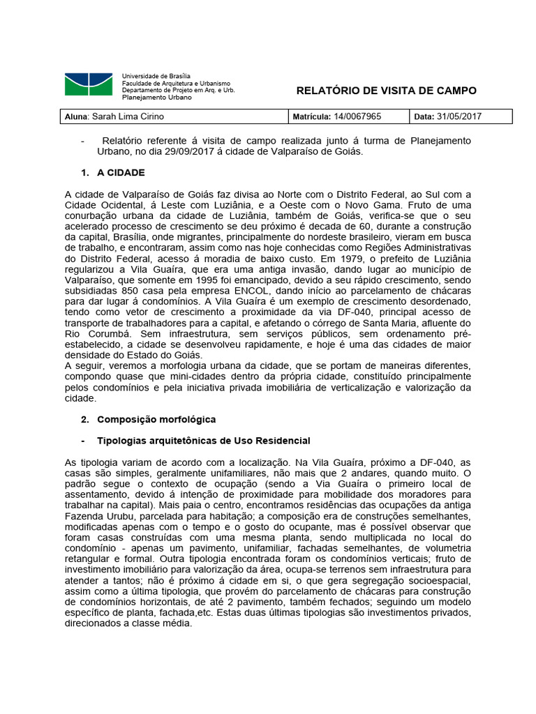 Relatório de Visita de Campo - Valparaíso de Goiás | PDF | Cidade