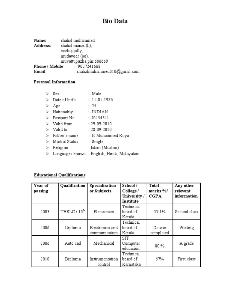 Biodata Format Final Pdf