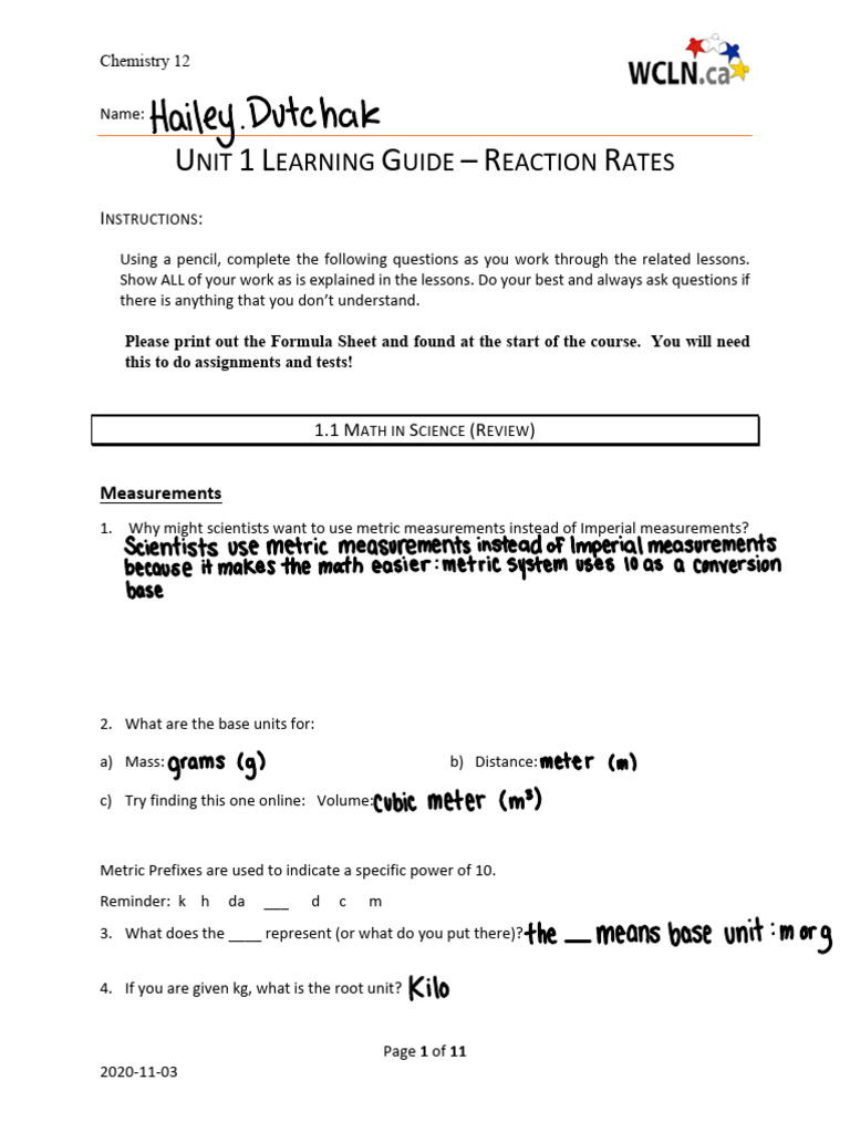 Dutchak Hailey Chem 12 Unit 1 Learning Guide PDF | PDF | Chemical ...