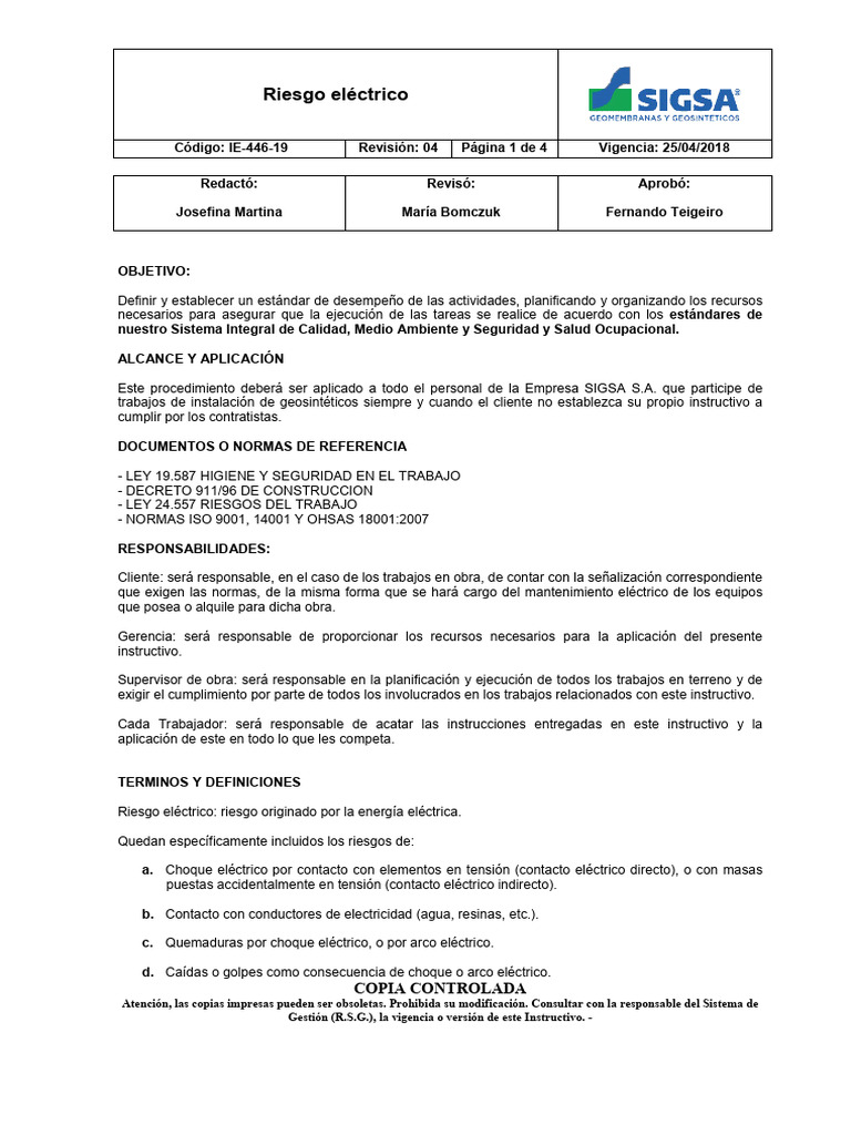IE-446-19 Riesgo Electrico Rev04 | PDF | Seguridad y salud ocupacional | Aislador (Electricidad)
