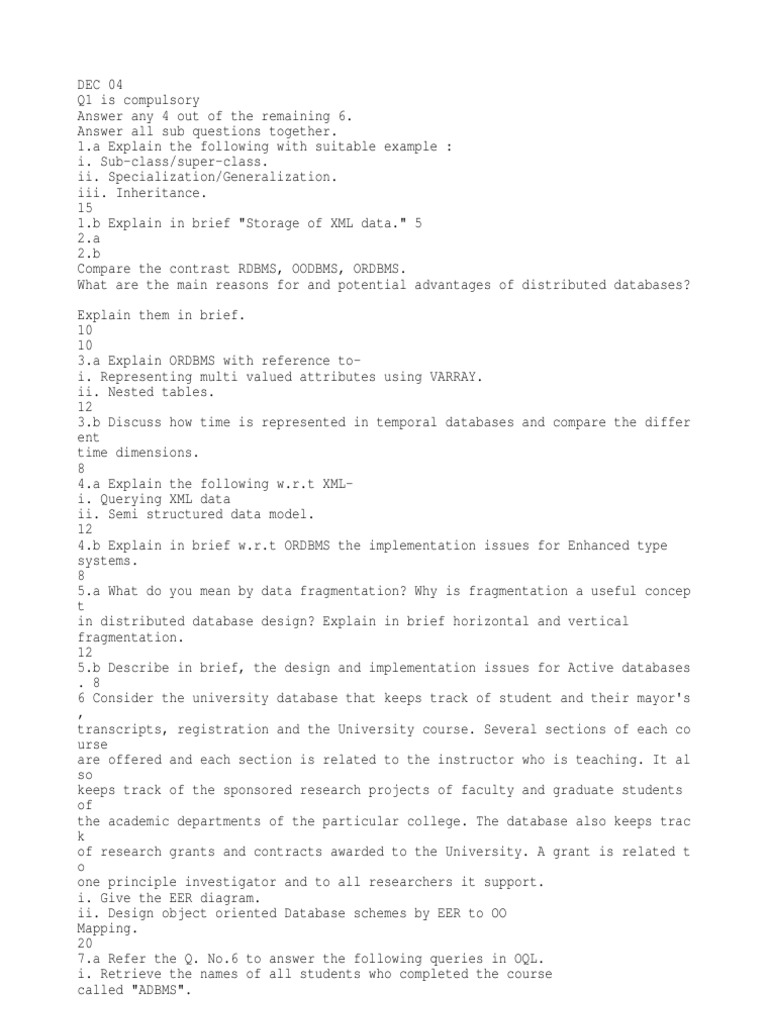 ADBMS Board QPaper | PDF | Xml | Databases