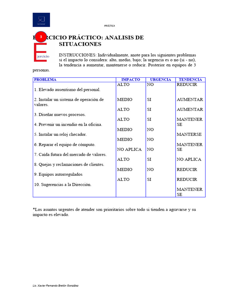 3 EJERCICIO PRÁCTICO 1 ANÁLISIS DE SITUACIONES Toma de Decisiones | PDF