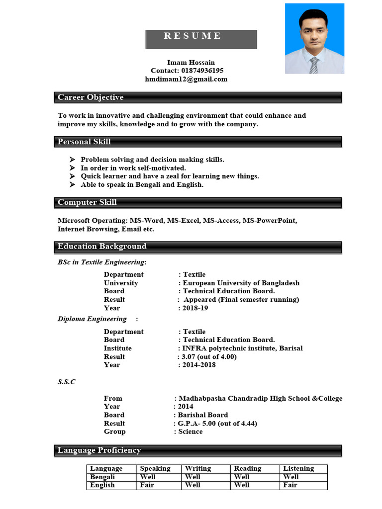CV of Imam Hossain | PDF | Bangladesh | Learning