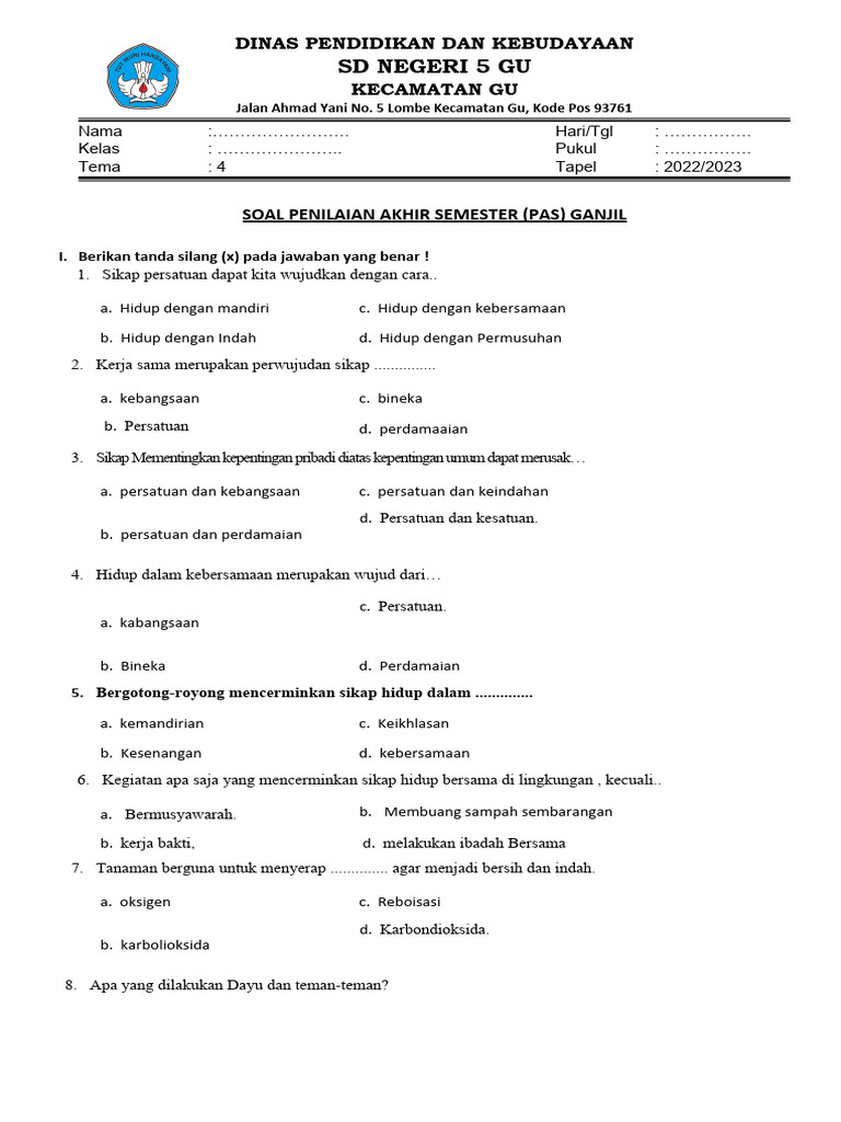 Soal PAS TEMA 4 KELAS 2 | PDF | Griya & Taman