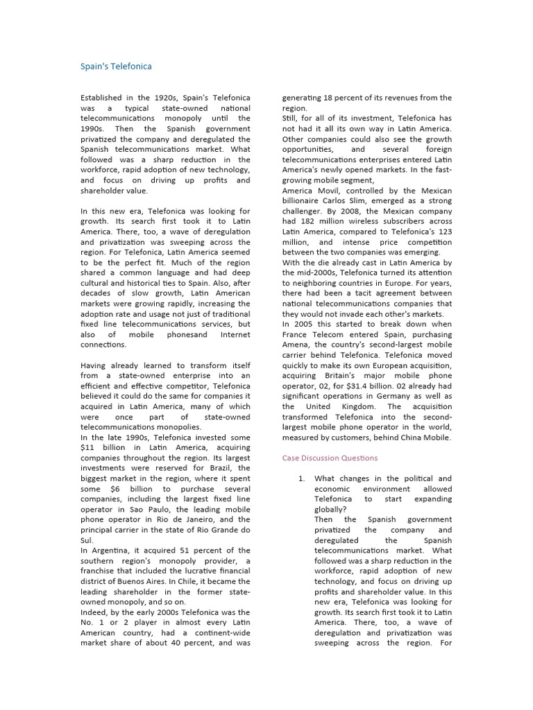 Telefonica's Global Expansion Strategy | PDF | Latin America | Monopoly