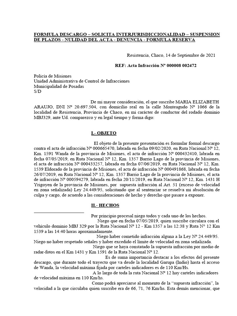 MULTAS TRANSITO AUTOS - FORMULA DESCARGO - SOLICITA INTERJURISDICCIONAL - Nulidad Del Acta | PDF ...
