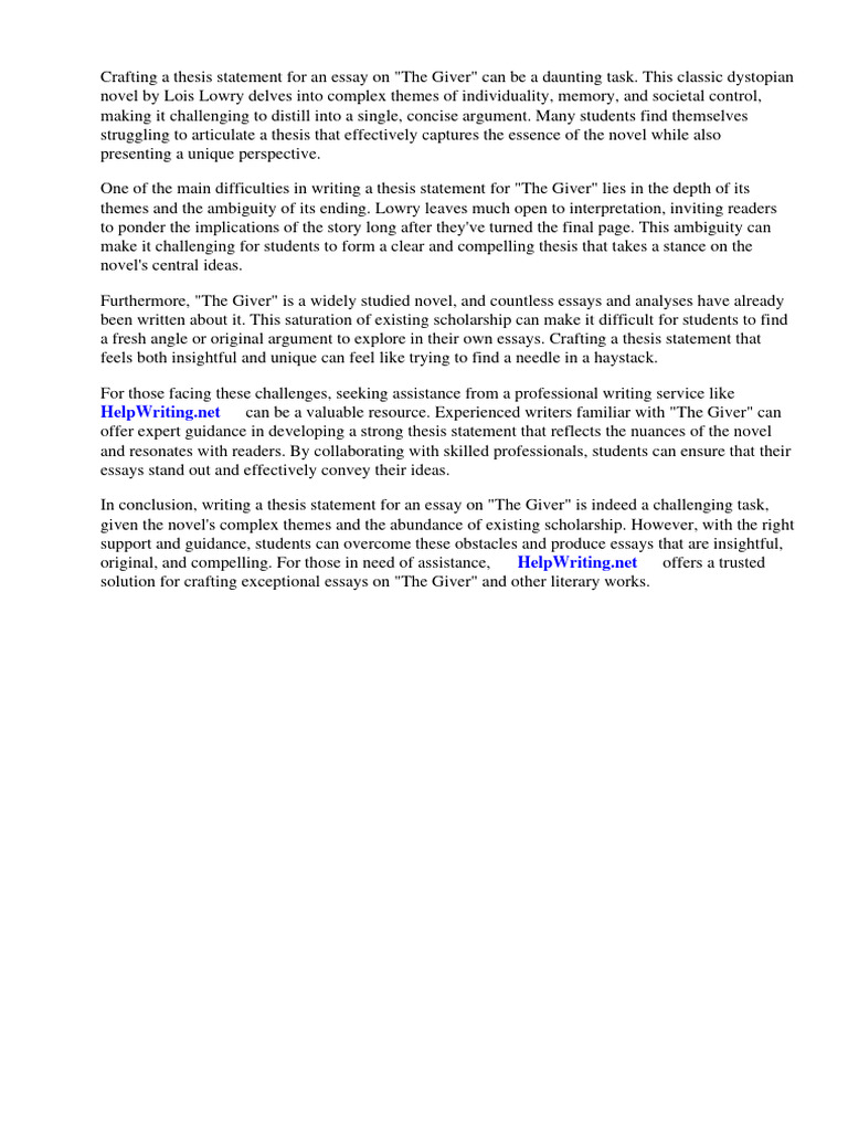 The Giver Essay Thesis Statement | PDF | The Giver | Essays