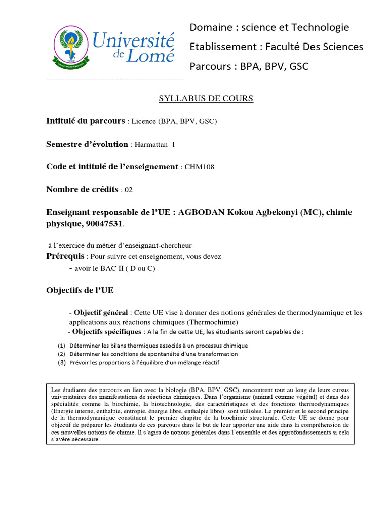 Syllabus Pour Les Cours en Ligne CHM 108 Moodle | PDF