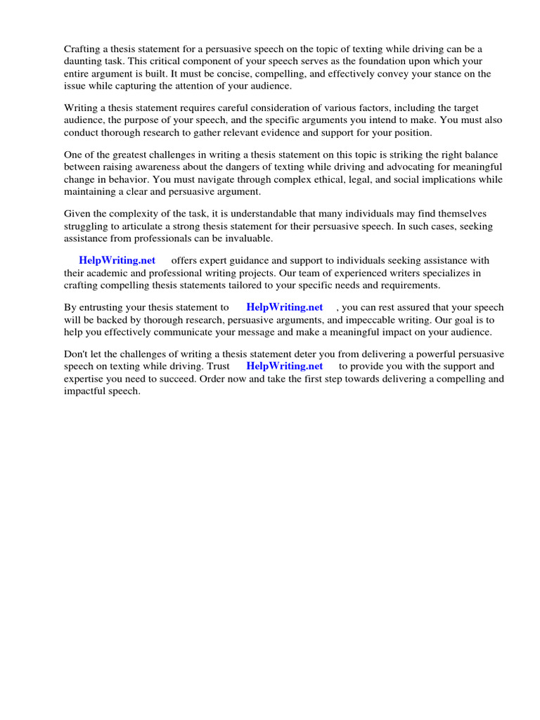 Thesis Statement Persuasive Speech Texting While Driving | PDF | Text ...