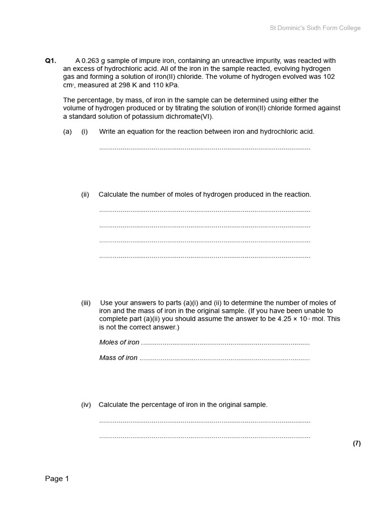 Redox Titration Question and Markscheme | PDF | Redox | Chemistry