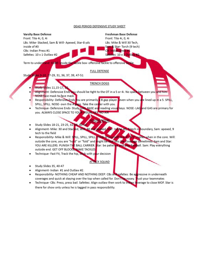 Defensive Cheat Sheet | PDF | American Football | Team Sports