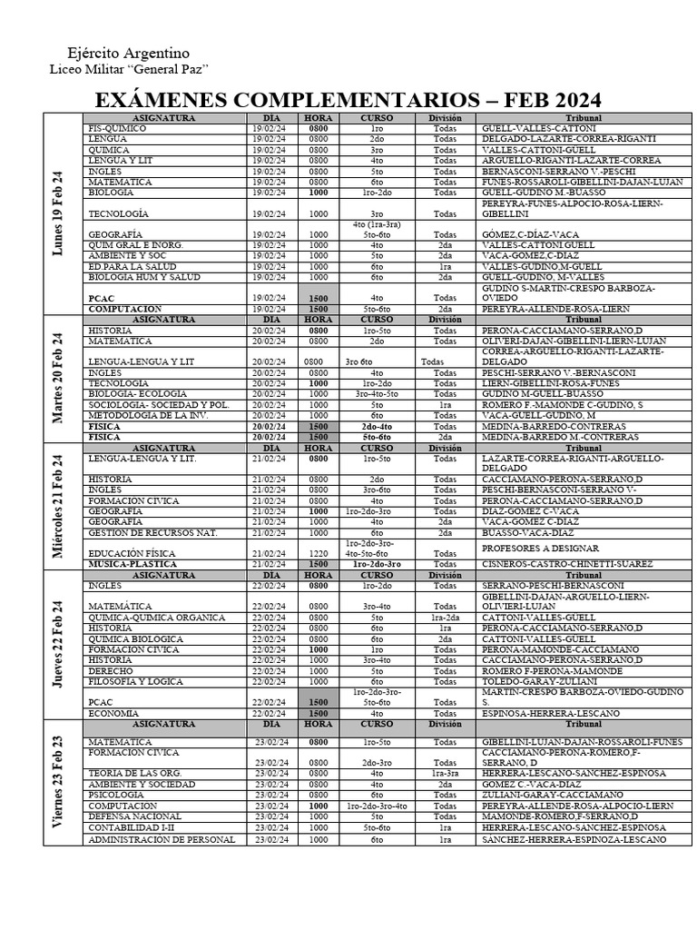 Cronograma y Esquema Examen Complementario Febrero 2024 | PDF | Science | Naturaleza