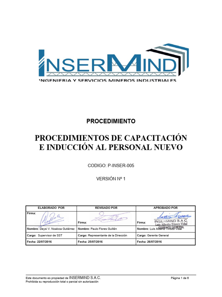 P-005 Procedimiento de Capacitación e Inducción Al Personal Nuevo v1 ...