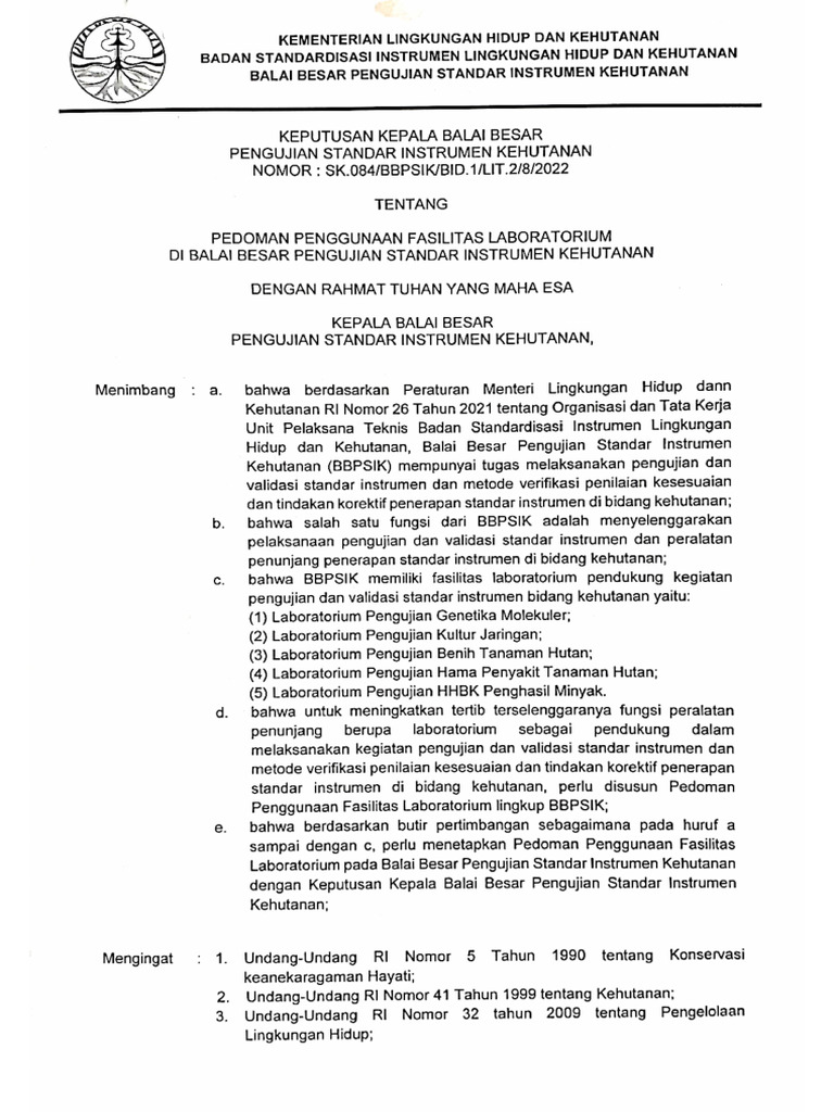SK Pedoman Penggunaan Fasilitas Lab BBPSIK | PDF