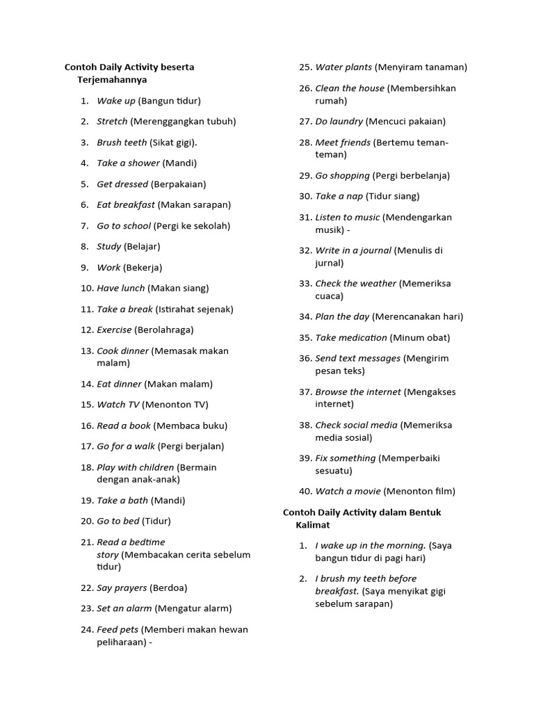 Contoh Daily Activity Beserta Terjemahannya | PDF | Seni & Disiplin Bahasa