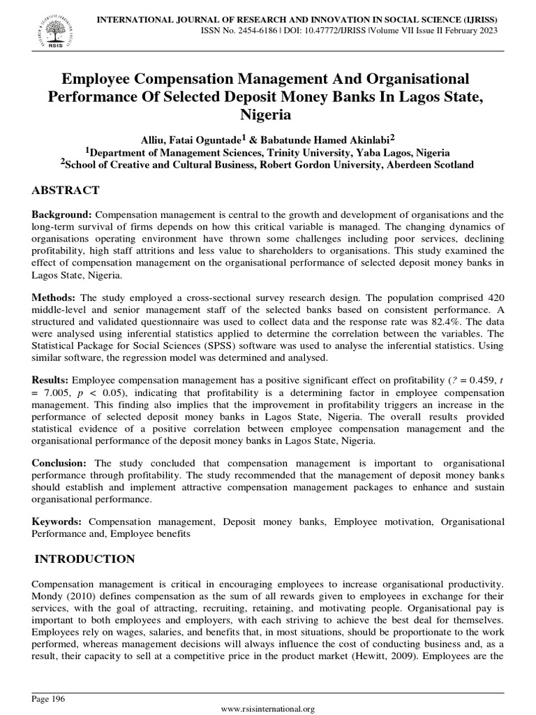 Employee Compensation Management and Organisational Performance of Selected Deposit Money Banks ...