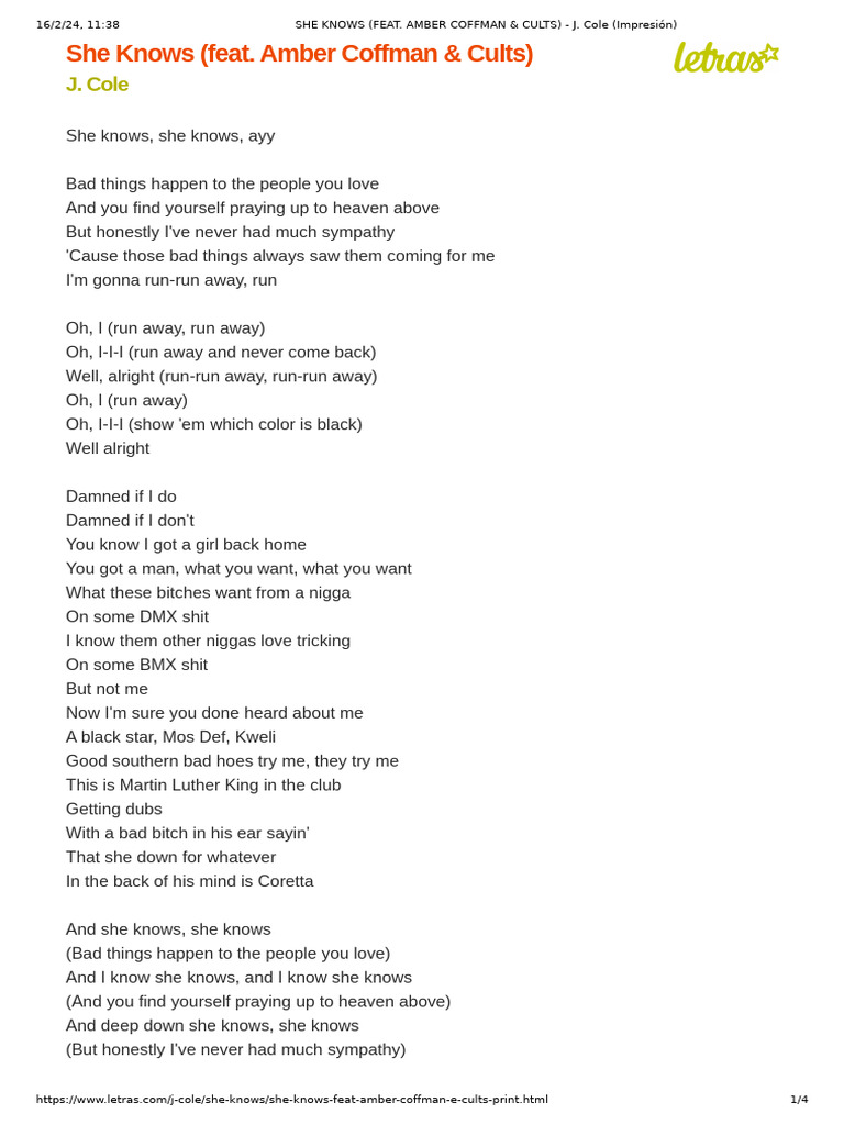 SHE KNOWS (FEAT. AMBER COFFMAN & CULTS) - J. Cole | PDF