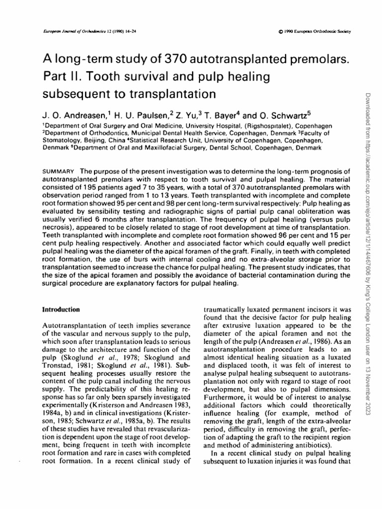 A Long-Term Study of 370 Autotransplanted Premolars. | PDF | P Value ...