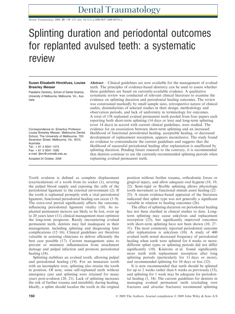 Dental Traumatology - 2009 - Hinckfuss - Splinting duration and ...