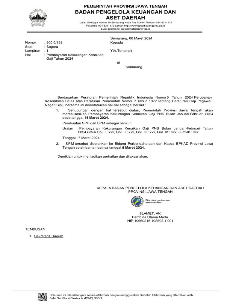 Surat Edaran Pembayaran Kenaikan Gaji 2024 | PDF