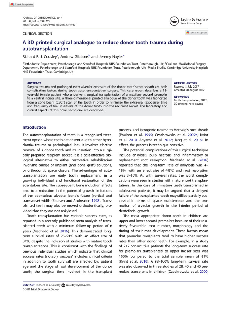 Cousley Et Al 2017 A 3d Printed Surgical Analogue To Reduce Donor Tooth Trauma During ...