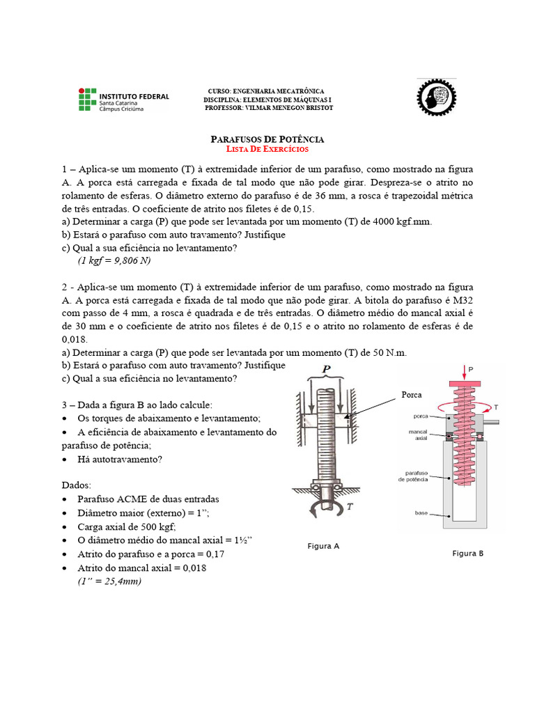 Exercícios Aula 02 - Parafusos de Potência | PDF | Parafuso | Máquinas