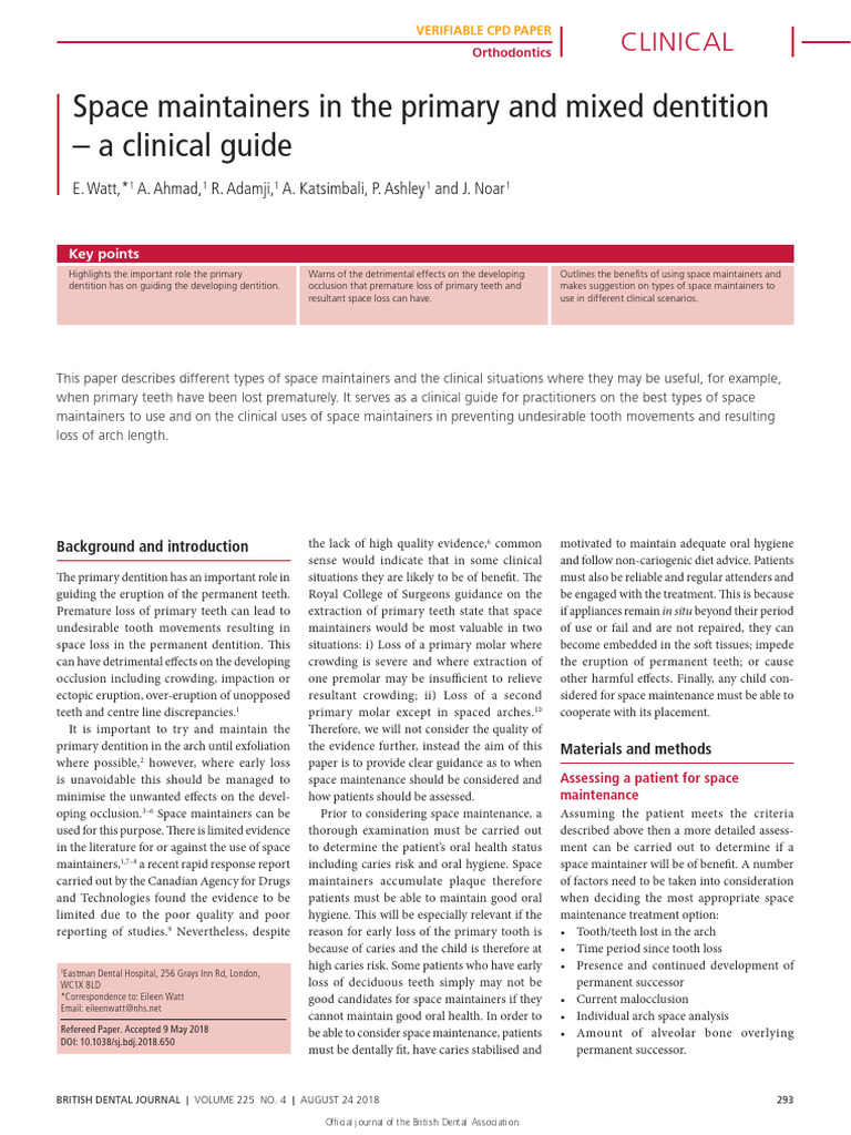 Space Maintainers in The Primary and Mixed Dentition | PDF | Orthodontics | Tooth