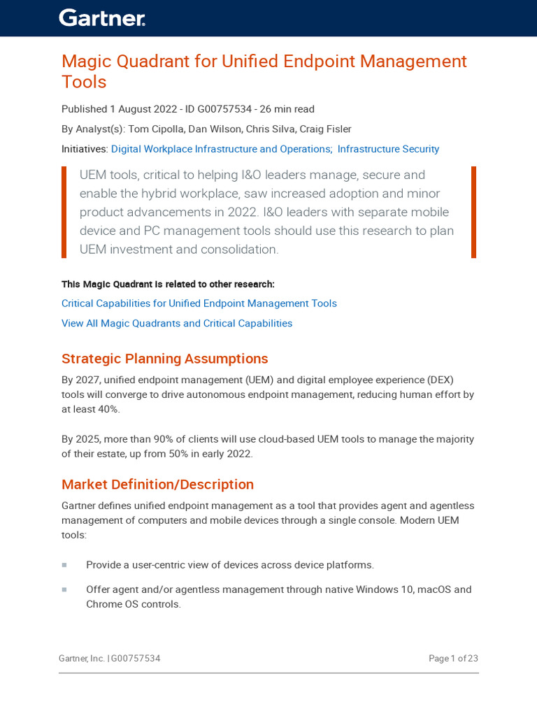 Magic Quadrant For Unified Endpoint Management Tools, 2022 | Download ...