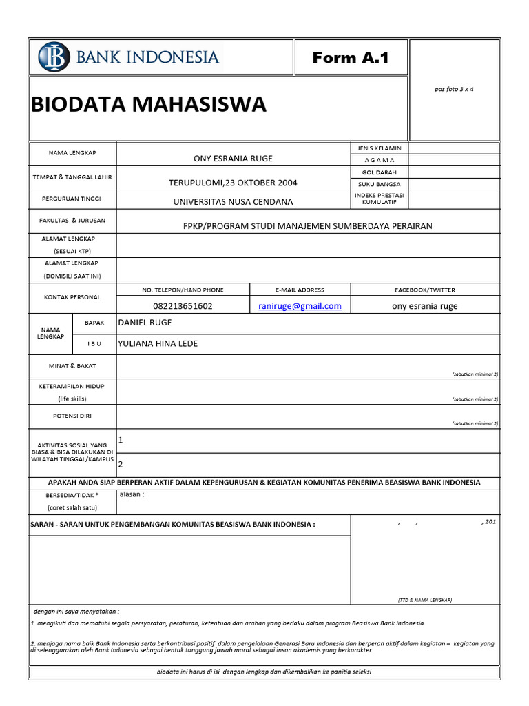 Form A.1 - Biodata Mahasiswa PT 2 | PDF