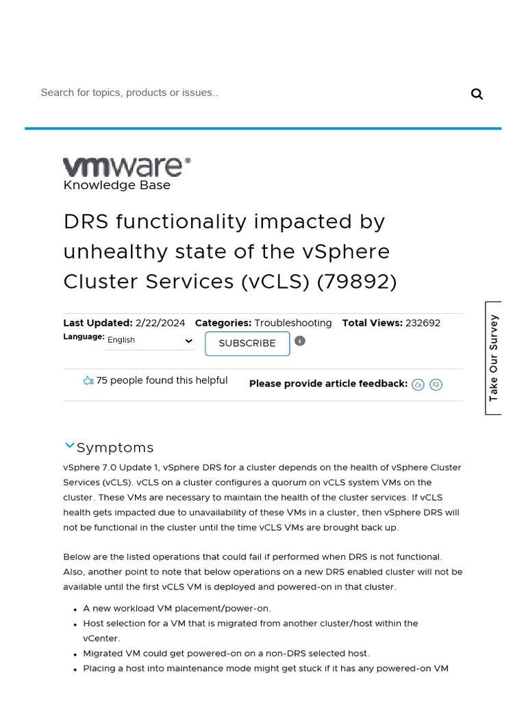 DRS functionality impacted by unhealthy state of the vSphere Cluster Services (vCLS) (79892 ...