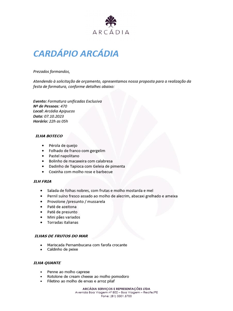 Cardapio Buffet Arcádia Unificadas Exclusiva 07.10 | PDF | Alimentos | Culinária