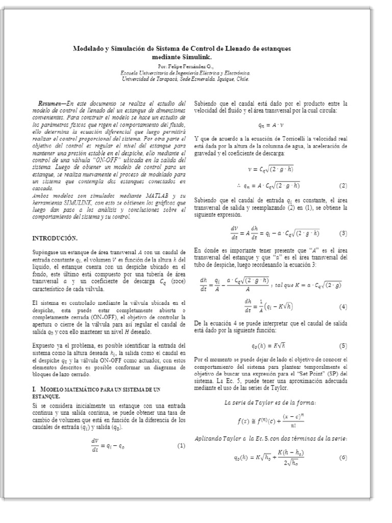 Modelado y Simulación de Sistema de Control de Llenado de Estanques Mediante Simulink. - PDF | PDF