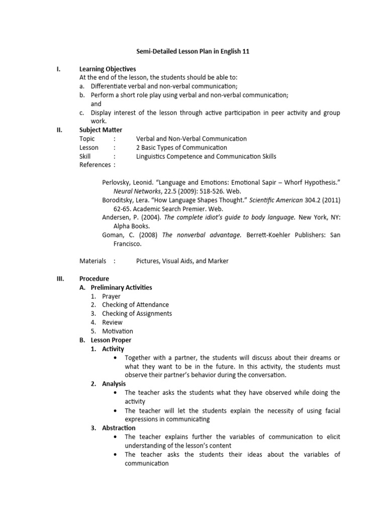 Semi-Detailed Lesson Plan in English 11 | PDF | Nonverbal Communication | Communication