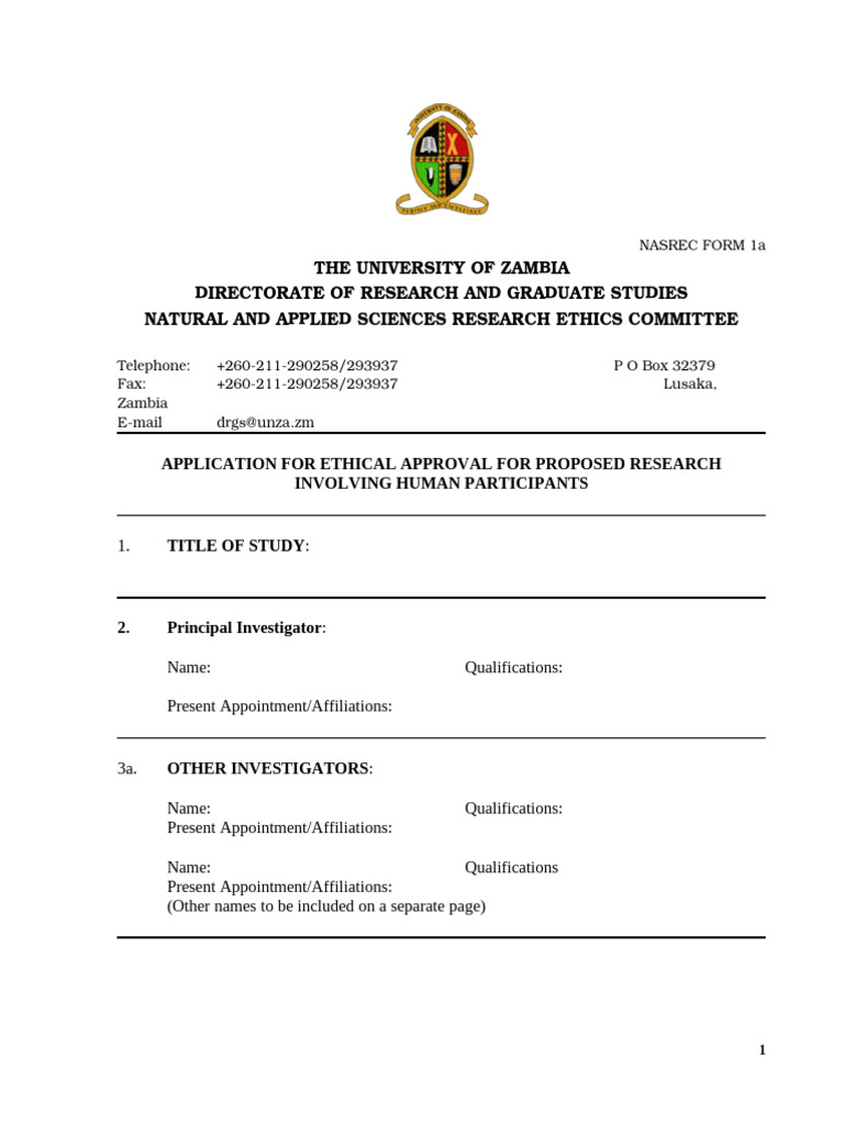 UNZA Research Ethics Approval Form | PDF | Insurance | Informed Consent