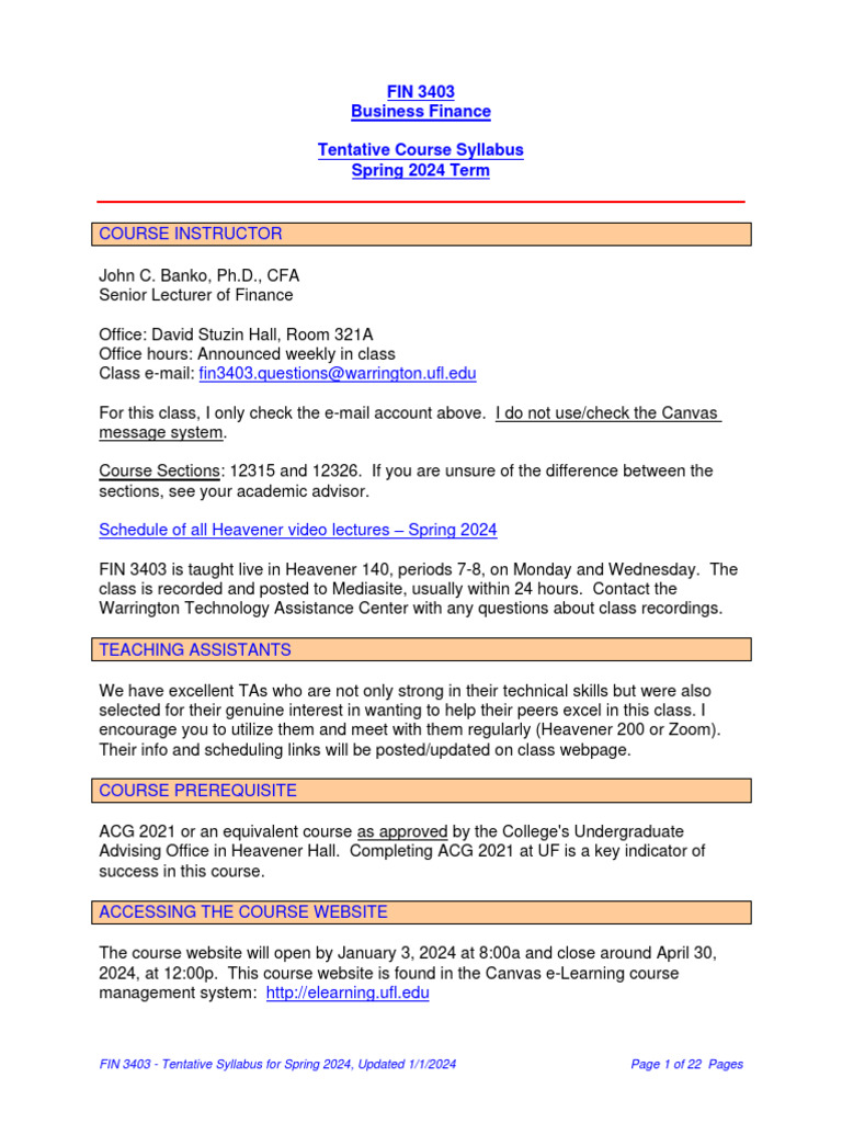 FIN 3403 Spring 2024 Syllabus | PDF | Academic Dishonesty
