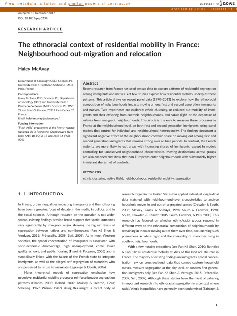 The Ethnoracial Context of Residential Mobility in France: Neighbourhood Out Migration and ...