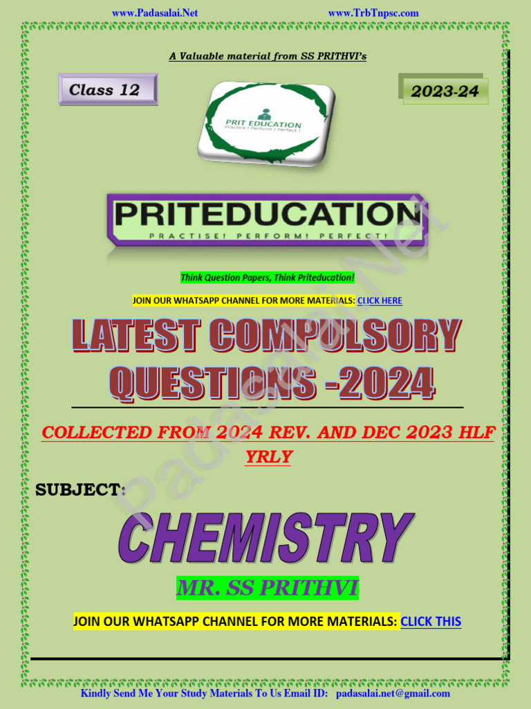 12th Chemistry EM Compulsory Quesitons English Medium PDF Download | PDF