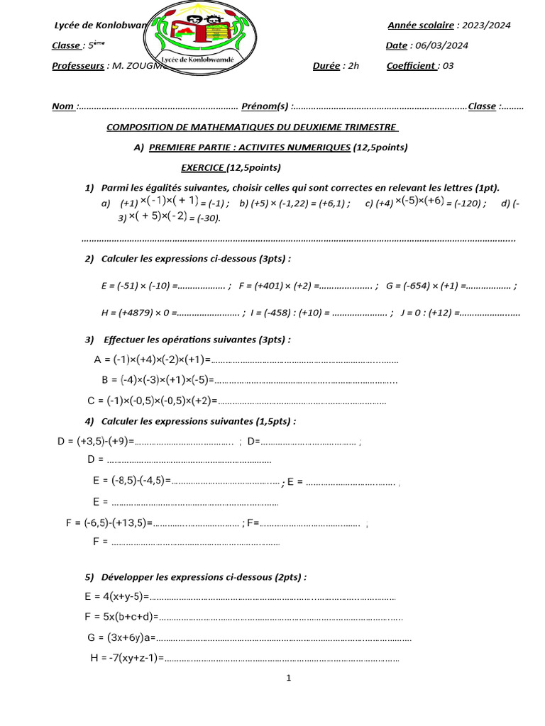 Composition de Maths 5ème Du 2ème Trimestre de Konlobwamdé 2024 | PDF