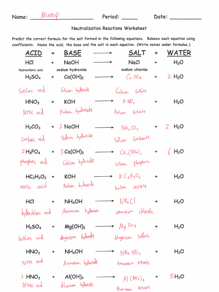 Additional Neutralization Reactions Worksheet Key | PDF