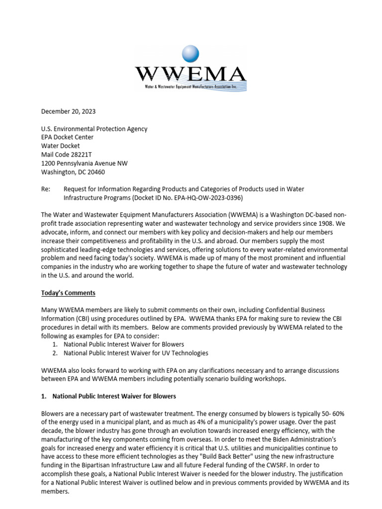 (December 20, 2023 Letter) WWEMA RFI Response | Download Free PDF ...