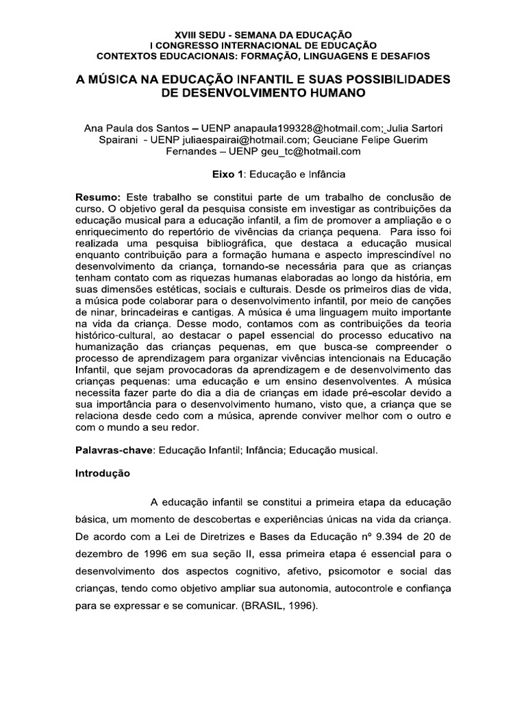 Artigo 3a Música Na Educação Infantil e Suas Possibilidade | PDF