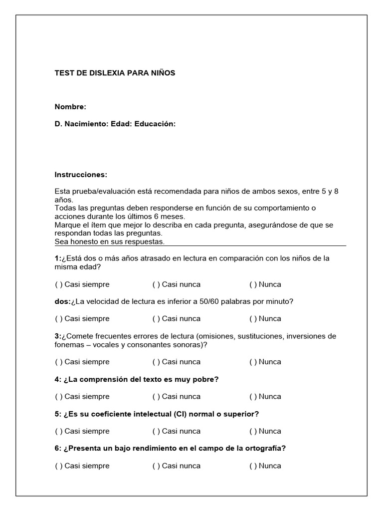 Test de Dislexia para Niños | PDF | Sicología | Modificación de ...