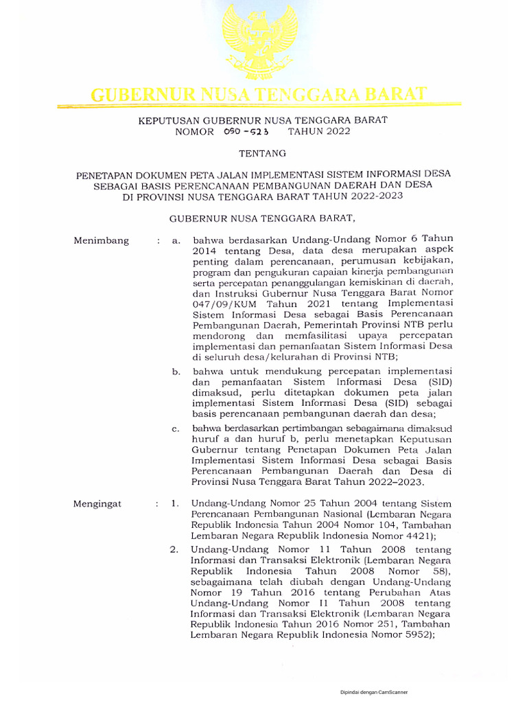 SK Gub Penetapan Dokumen Peta Jalan Implementasi SID - Sign | PDF