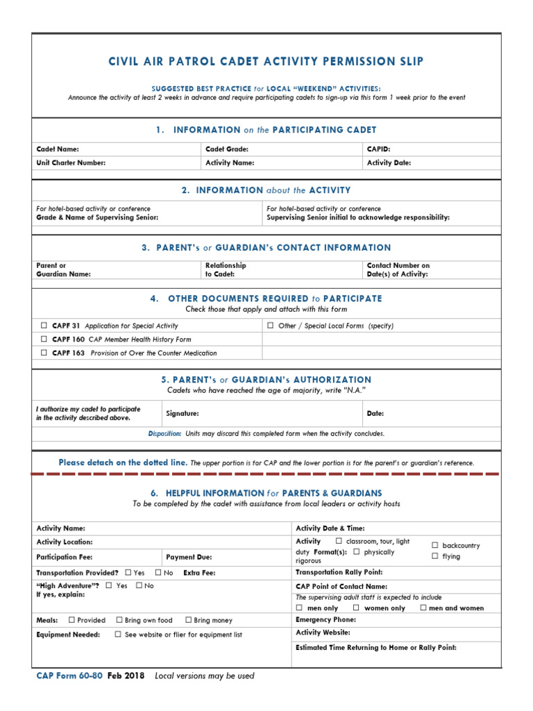 Civil Air Patrol (CAP) Cadet Activity Permission Slip | Download Free ...