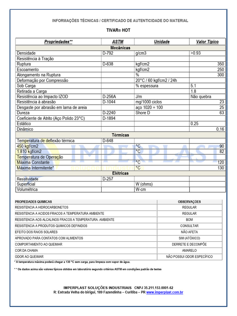 Ficha Técnica Uhmw Hot | PDF | Resistência dos materiais | Temperatura