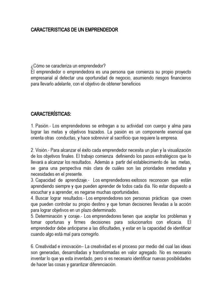 CARACTERISTICAS DE UN EMPRENDEDOR | PDF | Iniciativa empresarial | Creatividad