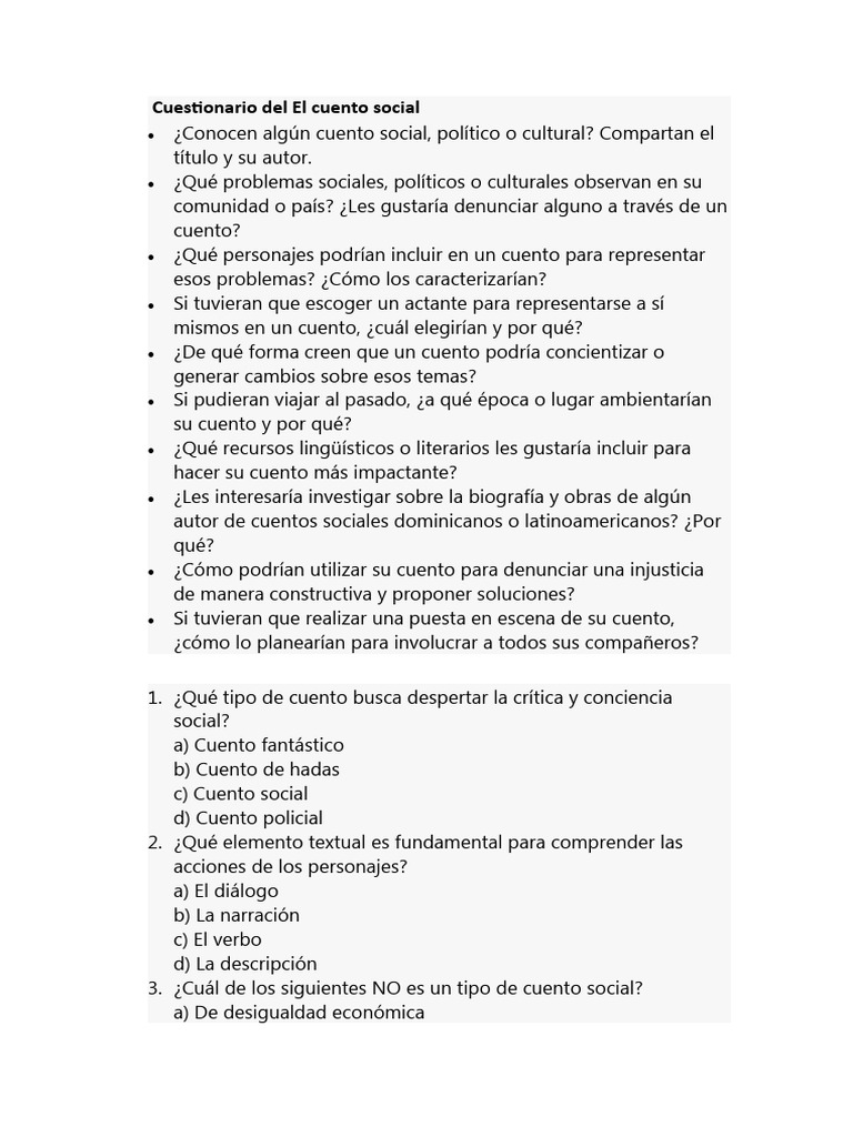 Cuestionario sobre Cuento Social | PDF | Cuentos | Lingüística