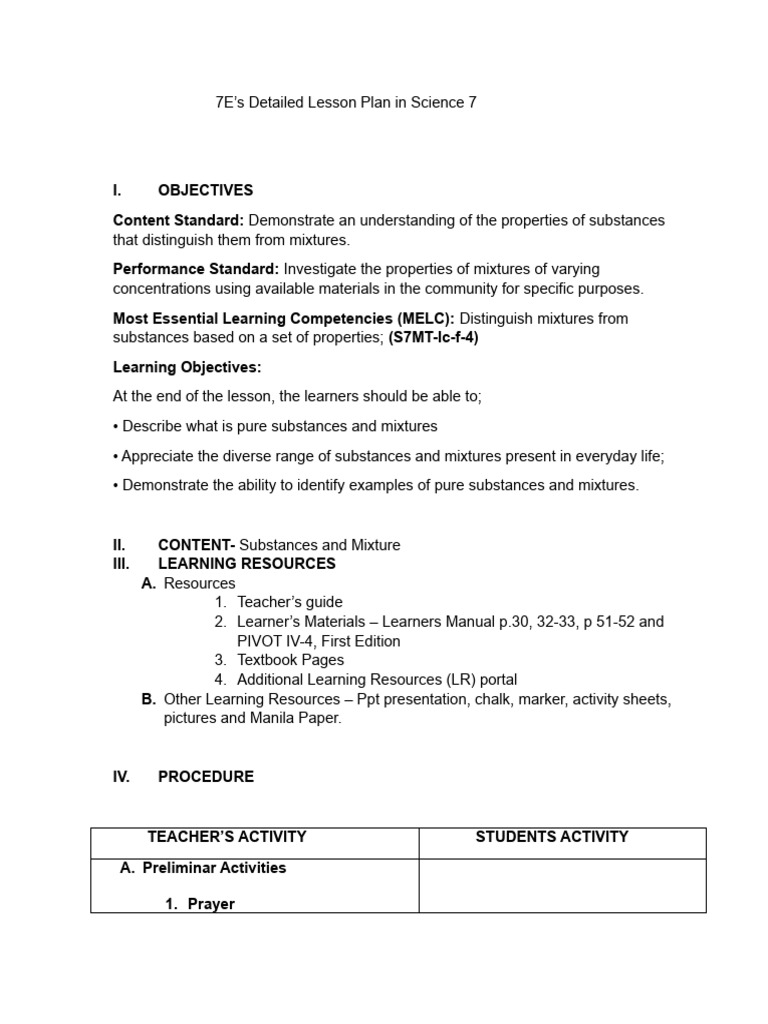 2 7E Lesson Plan | PDF | Chemistry | Mixture