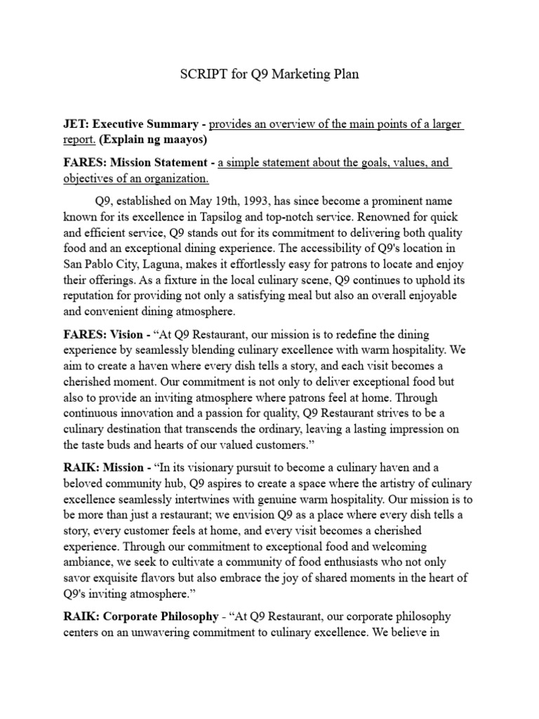 SCRIPT-for-Q9-Marketing-Plan | PDF | Market Segmentation | Restaurants