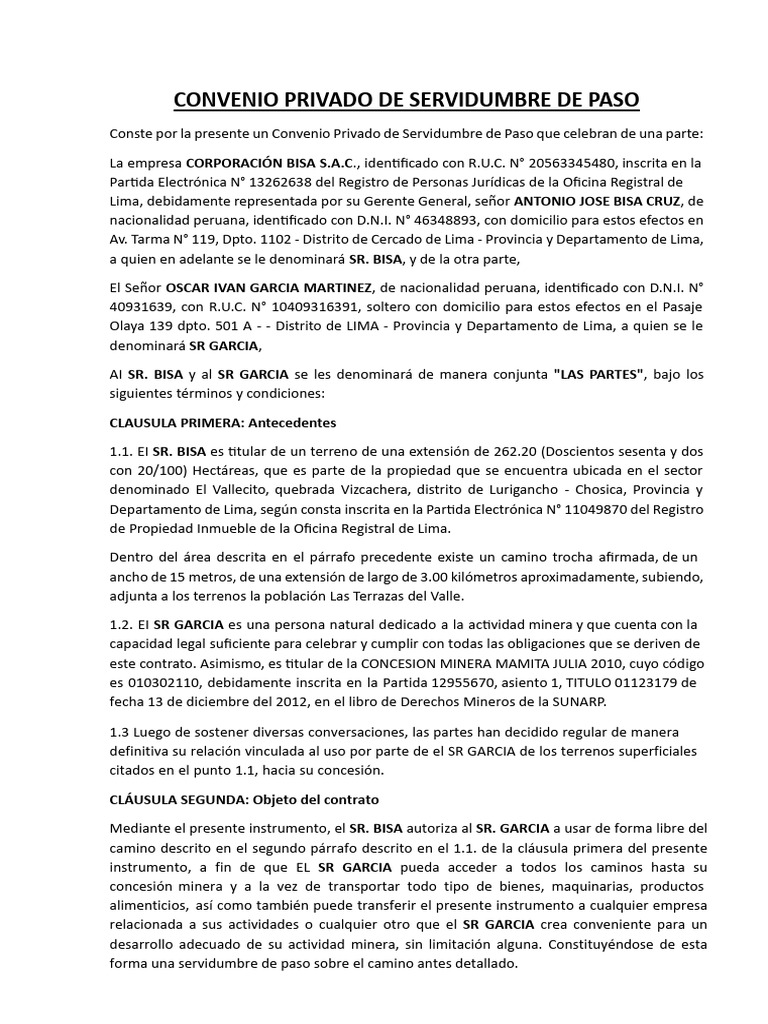 Convenio Privado de Servidumbre de Paso | Descargar gratis PDF | Principios éticos | Derecho ...